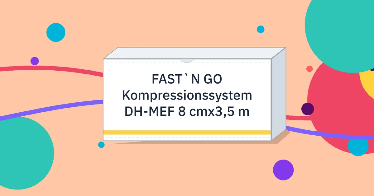 Symbolbild: Packung mit der Aufschrift FAST`N GO Kompressionssystem DH-MEF 8 cmx3,5 m (PZN 18154011) – Verfügbarkeit und Bezug in Apotheken in Frankfurt am Main