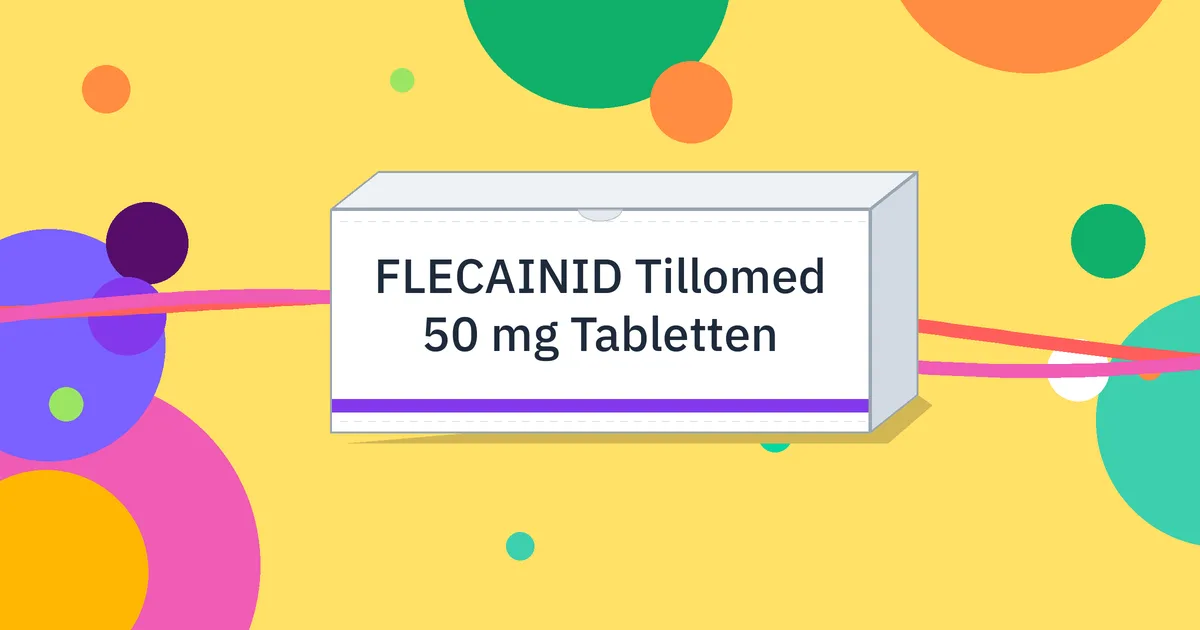 Symbolbild: Packung mit der Aufschrift FLECAINID Tillomed 50 mg Tabletten (PZN 15576674) – Verfügbarkeit und Bezug in Apotheken in Frankfurt am Main