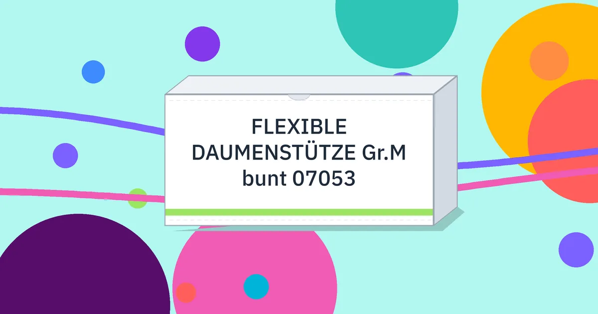 Symbolbild: Packung mit der Aufschrift FLEXIBLE DAUMENSTÜTZE Gr.M bunt 07053 (PZN 08732607) – Verfügbarkeit und Bezug in Apotheken in Frankfurt am Main