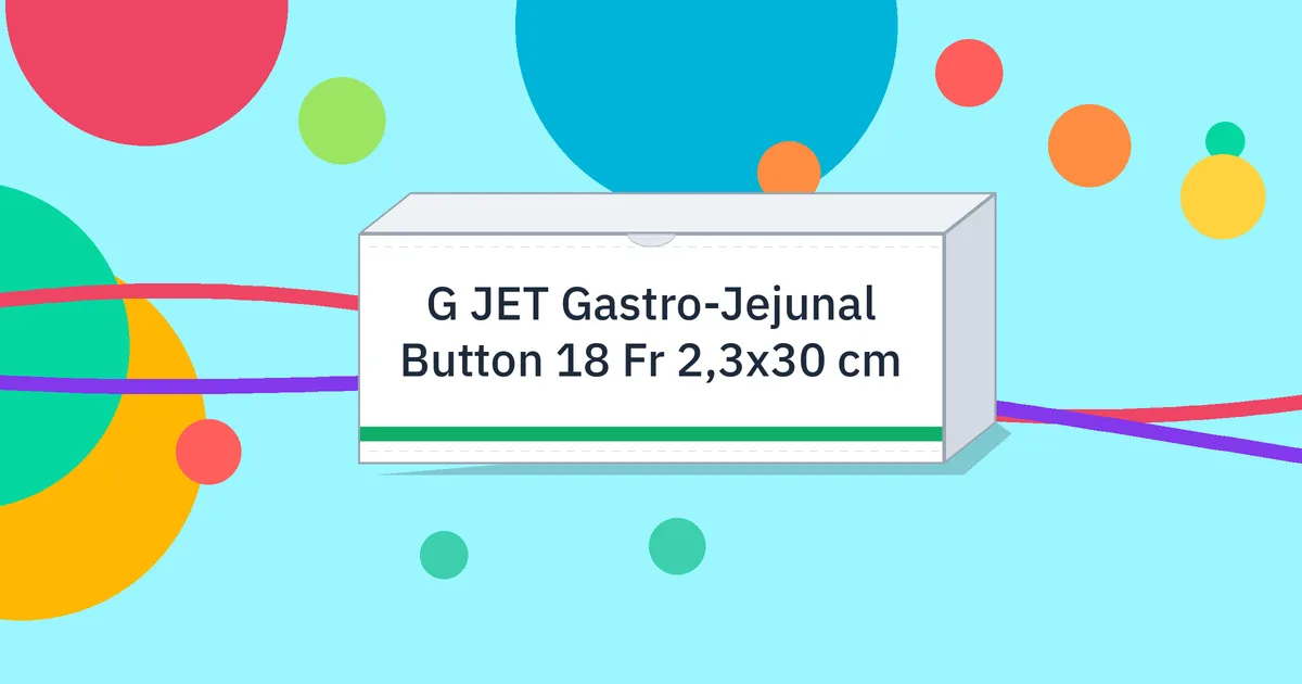 Symbolbild: Packung mit der Aufschrift G JET Gastro-Jejunal Button 18 Fr 2,3x30 cm (PZN 14347210) – Verfügbarkeit und Bezug in Apotheken in Frankfurt am Main
