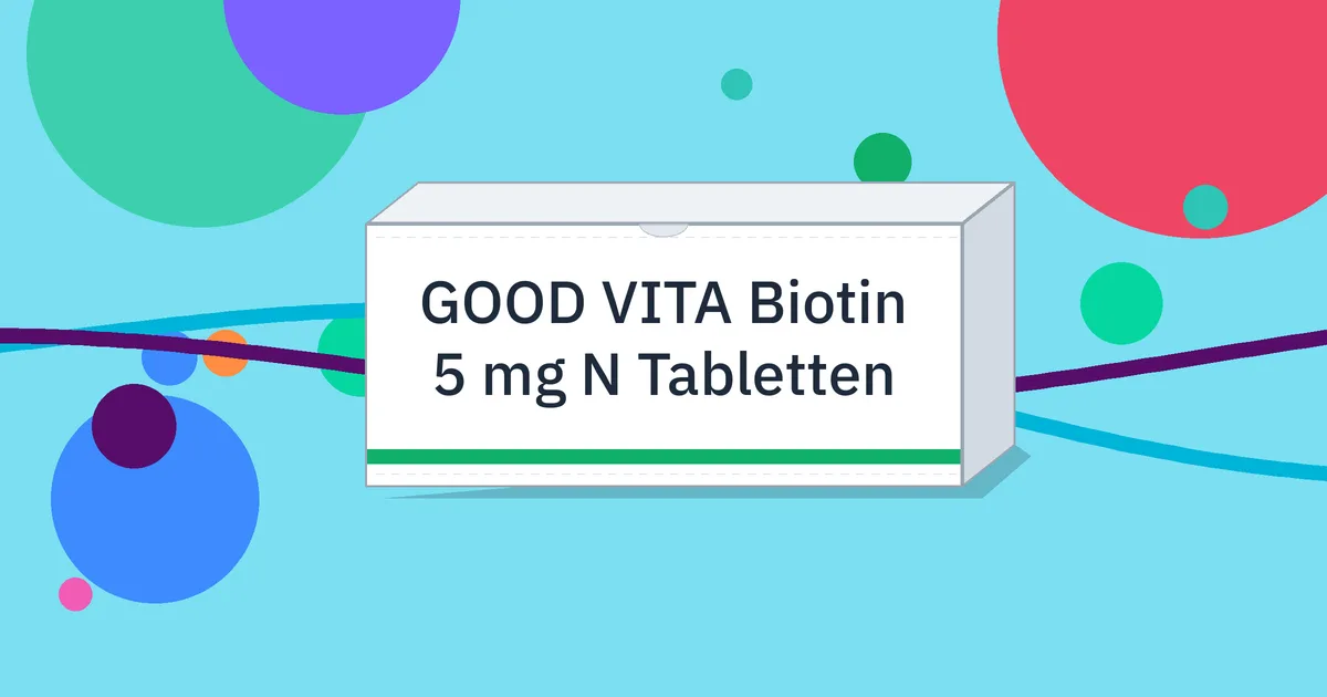 Symbolbild: Packung mit der Aufschrift GOOD VITA Biotin 5 mg N Tabletten (PZN 04552742) – Verfügbarkeit und Bezug in Apotheken in Frankfurt am Main