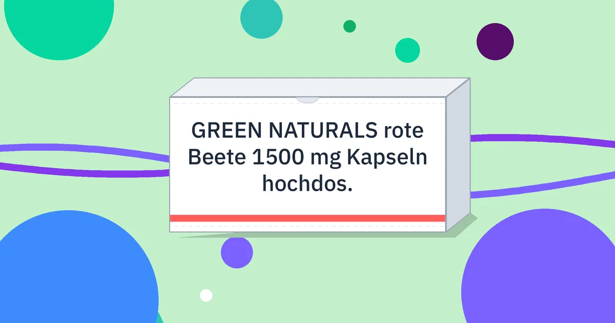 Symbolbild: Packung mit der Aufschrift GREEN NATURALS rote Beete 1500 mg Kapseln hochdos. (PZN 20790719) – Verfügbarkeit und Bezug in Apotheken in Frankfurt am Main