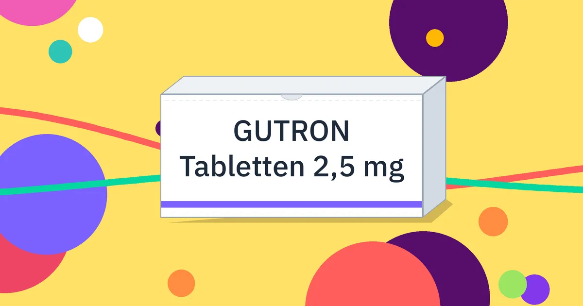 Symbolbild: Packung mit der Aufschrift GUTRON Tabletten 2,5 mg (PZN 08874402) – Verfügbarkeit und Bezug in Apotheken in Frankfurt am Main