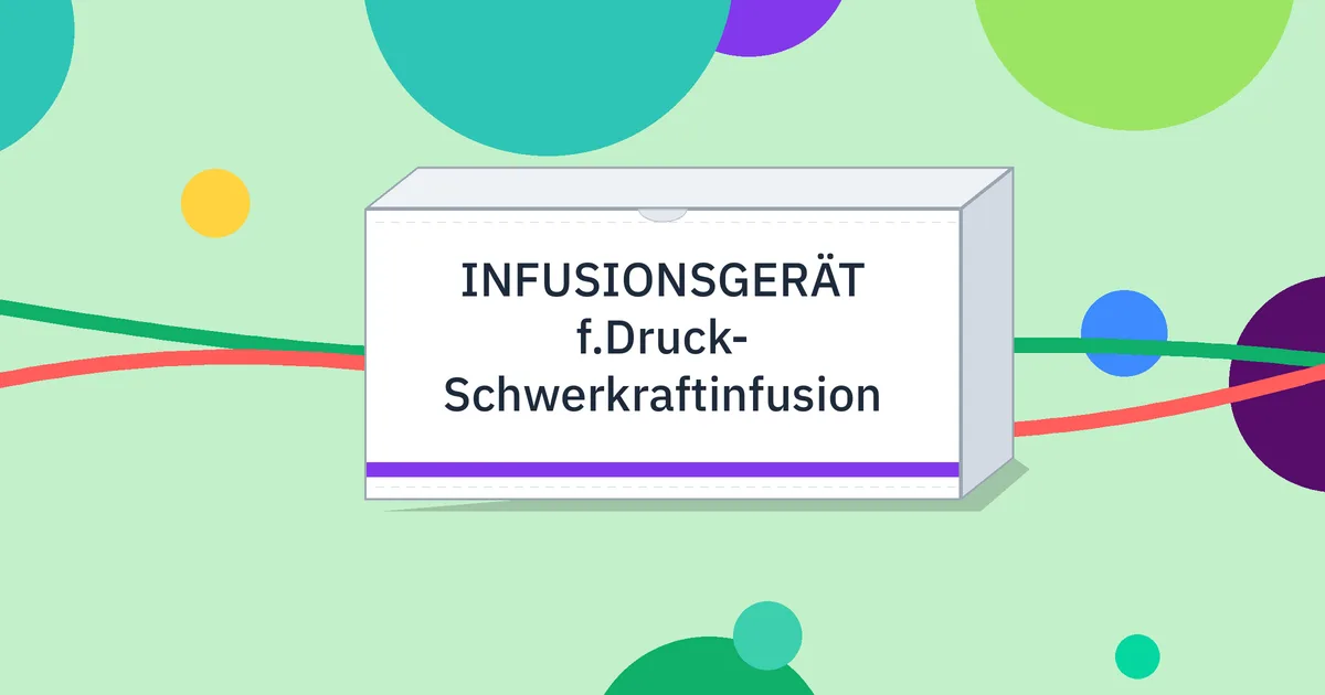 Symbolbild: Packung mit der Aufschrift INFUSIONSGERÄT f.Druck-Schwerkraftinfusion (PZN 05049821) – Verfügbarkeit und Bezug in Apotheken in Frankfurt am Main