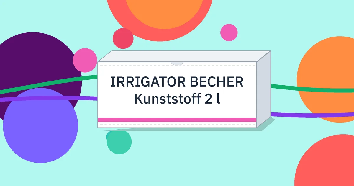 Symbolbild: Packung mit der Aufschrift IRRIGATOR BECHER Kunststoff 2 l (PZN 08514632) – Verfügbarkeit und Bezug in Apotheken in Frankfurt am Main