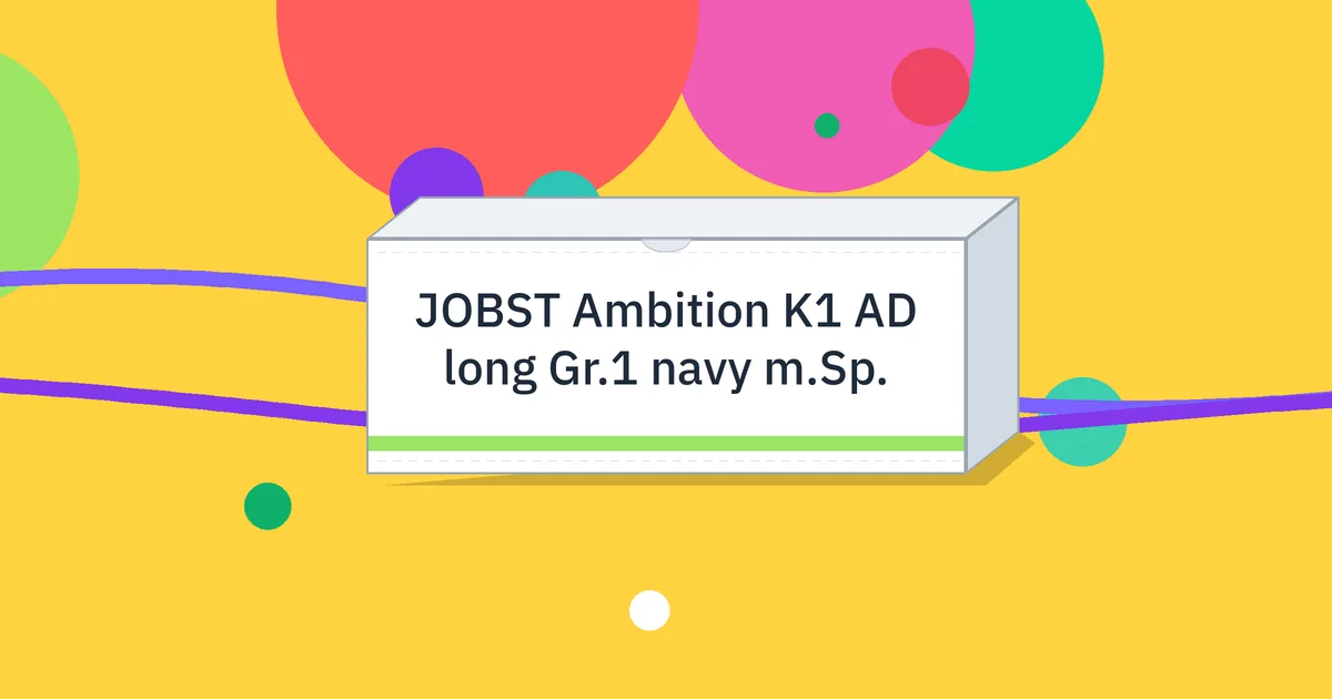 Symbolbild: Packung mit der Aufschrift JOBST Ambition K1 AD long Gr.1 navy m.Sp. (PZN 11019959) – Verfügbarkeit und Bezug in Apotheken in Frankfurt am Main
