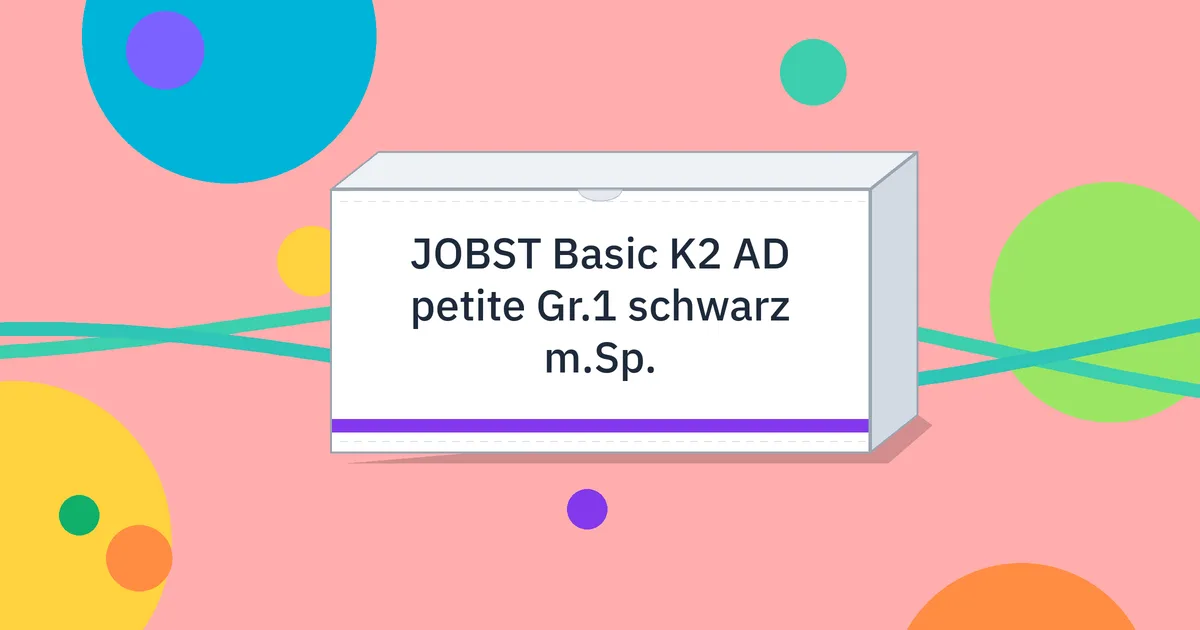Symbolbild: Packung mit der Aufschrift JOBST Basic K2 AD petite Gr.1 schwarz m.Sp. (PZN 15311036) – Verfügbarkeit und Bezug in Apotheken in Frankfurt am Main