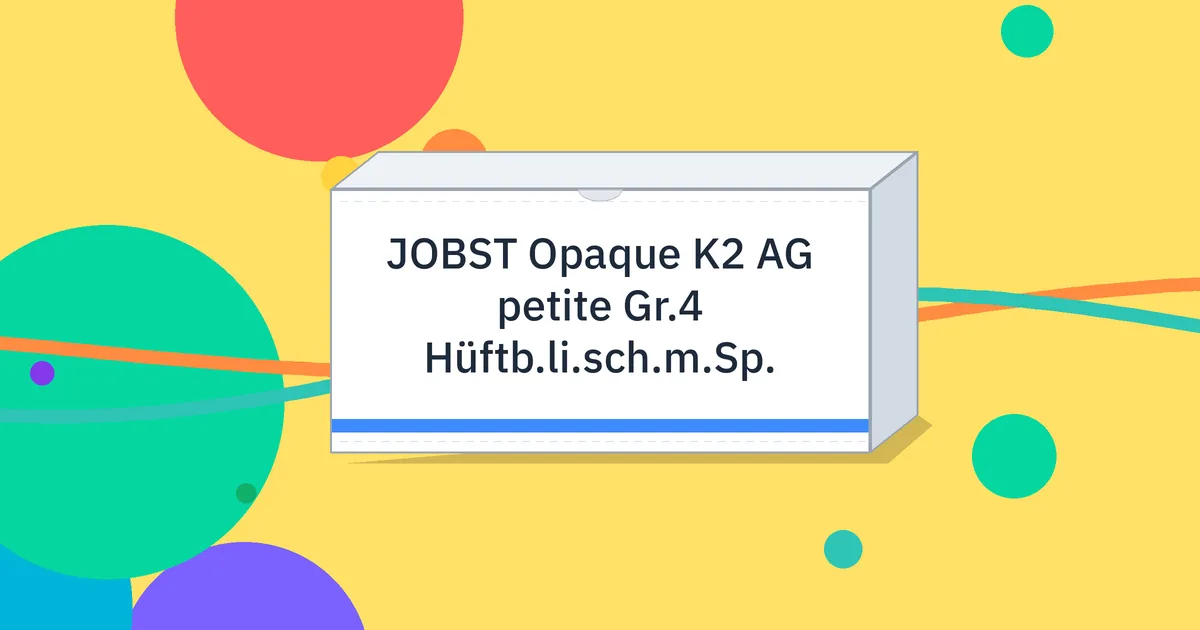 Symbolbild: Packung mit der Aufschrift JOBST Opaque K2 AG petite Gr.4 Hüftb.li.sch.m.Sp. (PZN 13113786) – Verfügbarkeit und Bezug in Apotheken in Frankfurt am Main