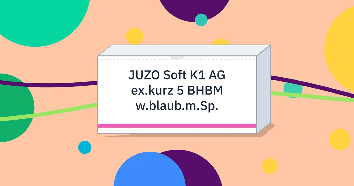 Symbolbild: Packung mit der Aufschrift JUZO Soft K1 AG ex.kurz 5 BHBM w.blaub.m.Sp. (PZN 14864342) – Verfügbarkeit und Bezug in Apotheken in Frankfurt am Main