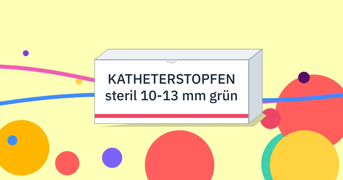 Symbolbild: Packung mit der Aufschrift KATHETERSTOPFEN steril 10-13 mm grün (PZN 13197903) – Verfügbarkeit und Bezug in Apotheken in Frankfurt am Main