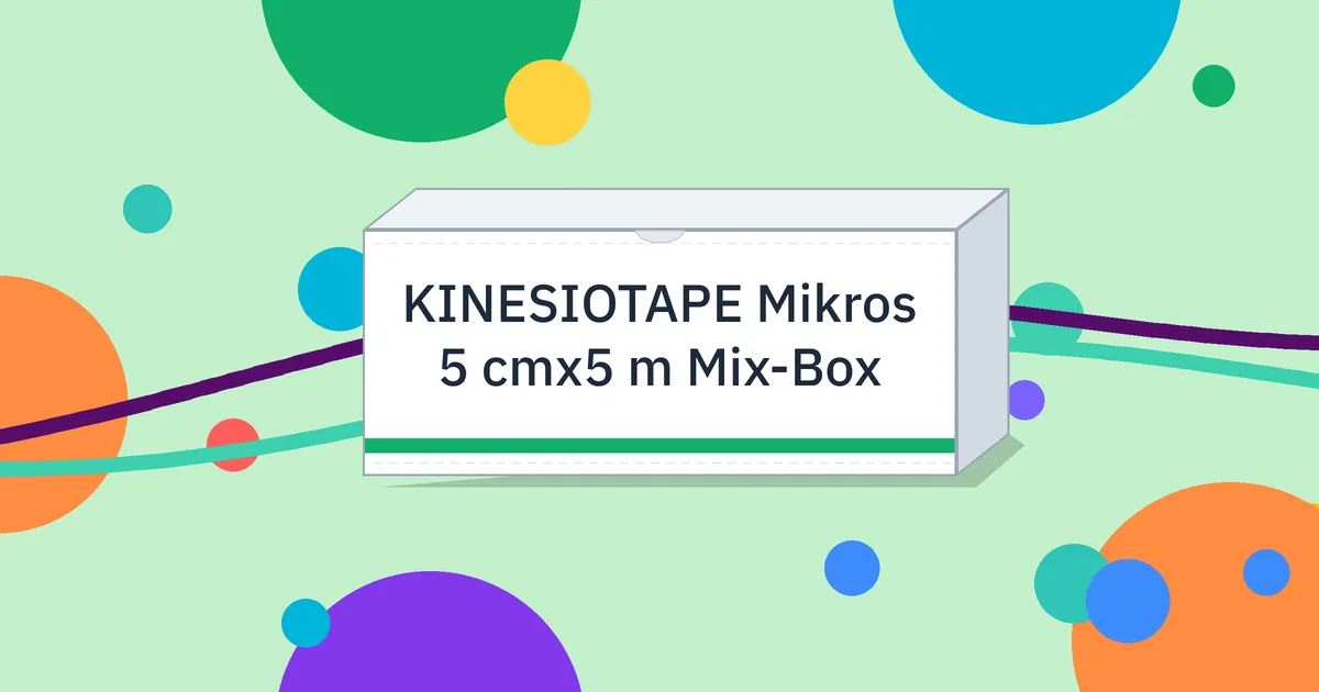 Symbolbild: Packung mit der Aufschrift KINESIOTAPE Mikros 5 cmx5 m Mix-Box (PZN 11249168) – Verfügbarkeit und Bezug in Apotheken in Frankfurt am Main