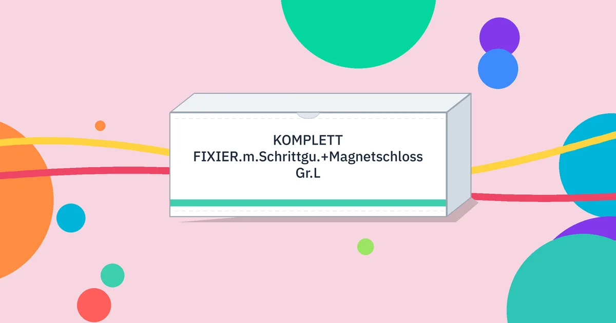 Symbolbild: Packung mit der Aufschrift KOMPLETT FIXIER.m.Schrittgu.+Magnetschloss Gr.L (PZN 11572969) – Verfügbarkeit und Bezug in Apotheken in Frankfurt am Main