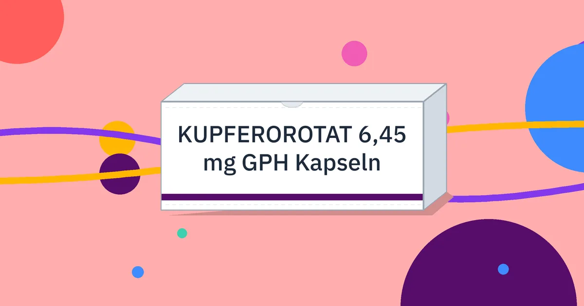 Symbolbild: Packung mit der Aufschrift KUPFEROROTAT 6,45 mg GPH Kapseln (PZN 11658010) – Verfügbarkeit und Bezug in Apotheken in Frankfurt am Main