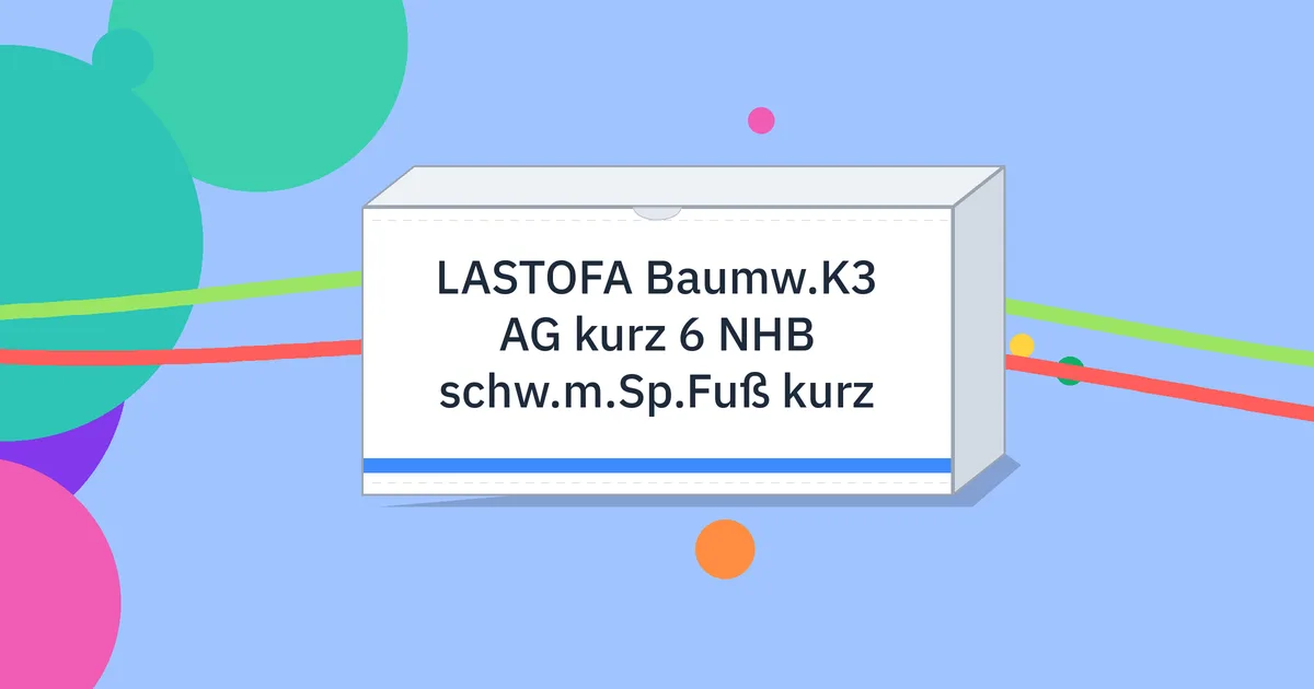Symbolbild: Packung mit der Aufschrift LASTOFA Baumw.K3 AG kurz 6 NHB schw.m.Sp.Fuß kurz (PZN 01955758) – Verfügbarkeit und Bezug in Apotheken in Frankfurt am Main