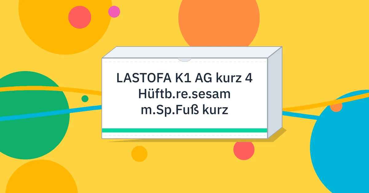 Symbolbild: Packung mit der Aufschrift LASTOFA K1 AG kurz 4 Hüftb.re.sesam m.Sp.Fuß kurz (PZN 13798525) – Verfügbarkeit und Bezug in Apotheken in Frankfurt am Main
