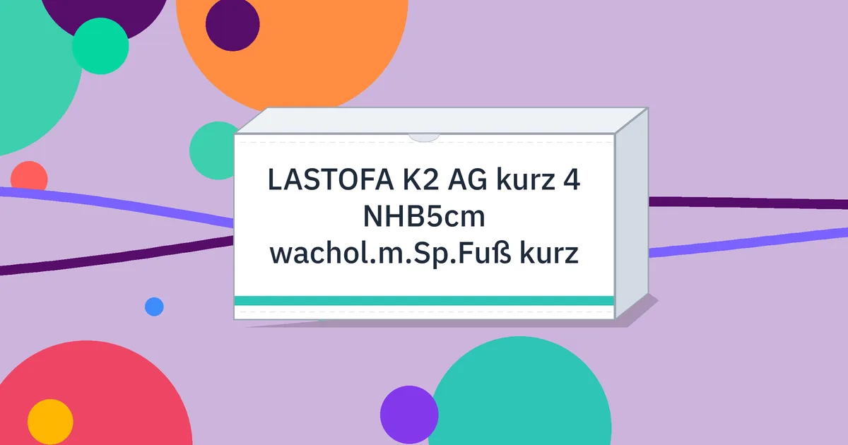 Symbolbild: Packung mit der Aufschrift LASTOFA K2 AG kurz 4 NHB5cm wachol.m.Sp.Fuß kurz (PZN 13805426) – Verfügbarkeit und Bezug in Apotheken in Frankfurt am Main