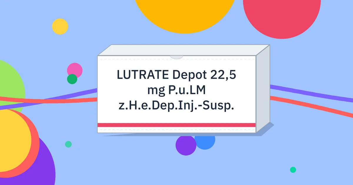 Symbolbild: Packung mit der Aufschrift LUTRATE Depot 22,5 mg P.u.LM z.H.e.Dep.Inj.-Susp. (PZN 17183677) – Verfügbarkeit und Bezug in Apotheken in Frankfurt am Main