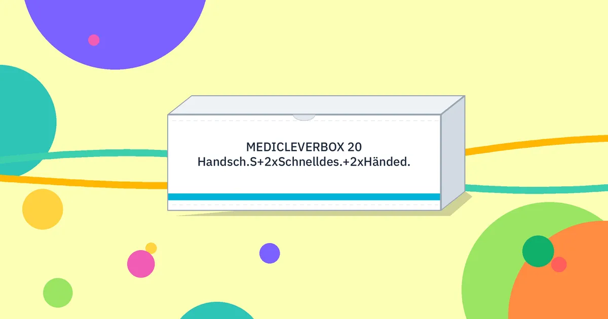 Symbolbild: Packung mit der Aufschrift MEDICLEVERBOX 20 Handsch.S+2xSchnelldes.+2xHänded. (PZN 19112546) – Verfügbarkeit und Bezug in Apotheken in Frankfurt am Main