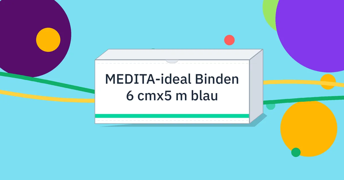 Symbolbild: Packung mit der Aufschrift MEDITA-ideal Binden 6 cmx5 m blau (PZN 19452199) – Verfügbarkeit und Bezug in Apotheken in Frankfurt am Main