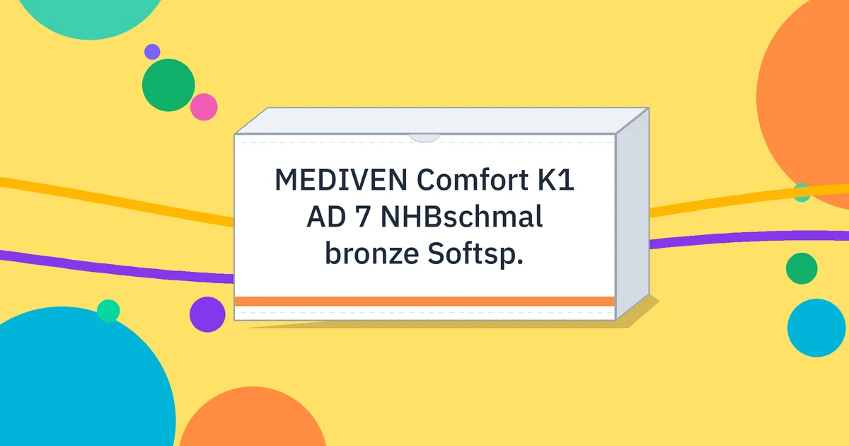 Symbolbild: Packung mit der Aufschrift MEDIVEN Comfort K1 AD 7 NHBschmal bronze Softsp. (PZN 14561877) – Verfügbarkeit und Bezug in Apotheken in Frankfurt am Main