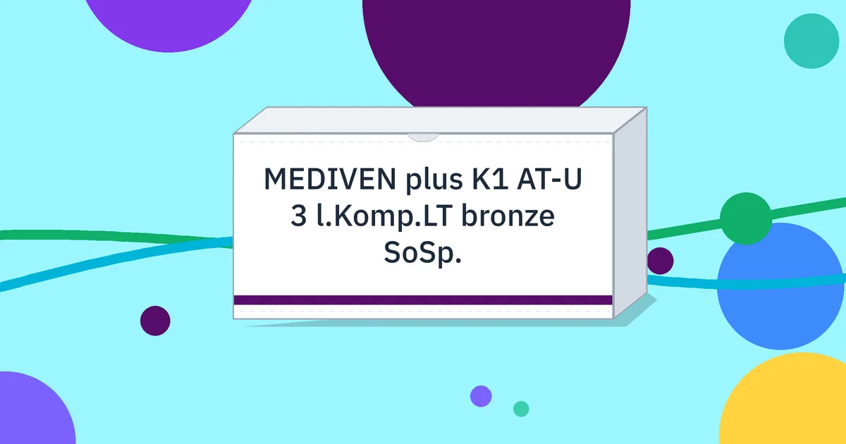 Symbolbild: Packung mit der Aufschrift MEDIVEN plus K1 AT-U 3 l.Komp.LT bronze SoSp. (PZN 15033755) – Verfügbarkeit und Bezug in Apotheken in Frankfurt am Main