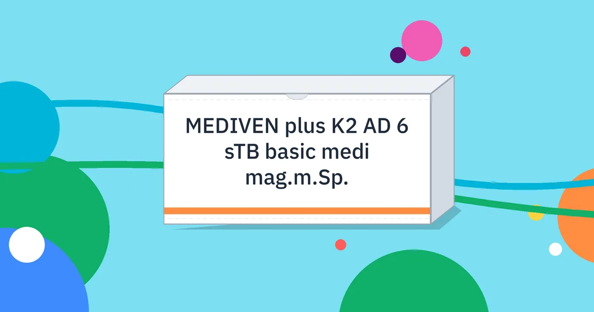 Symbolbild: Packung mit der Aufschrift MEDIVEN plus K2 AD 6 sTB basic medi mag.m.Sp. (PZN 15095963) – Verfügbarkeit und Bezug in Apotheken in Frankfurt am Main