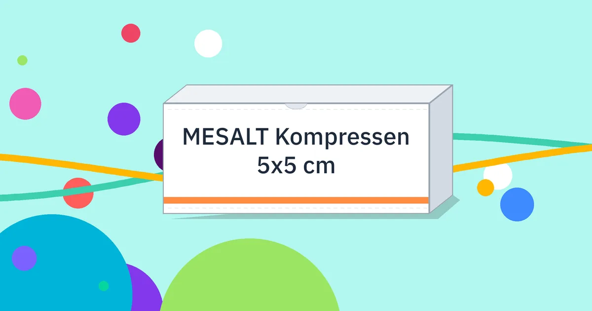 Symbolbild: Packung mit der Aufschrift MESALT Kompressen 5x5 cm (PZN 05958877) – Verfügbarkeit und Bezug in Apotheken in Frankfurt am Main