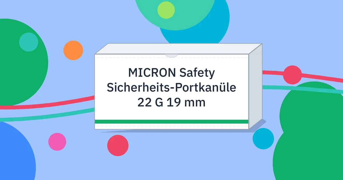 Symbolbild: Packung mit der Aufschrift MICRON Safety Sicherheits-Portkanüle 22 G 19 mm (PZN 19113362) – Verfügbarkeit und Bezug in Apotheken in Frankfurt am Main