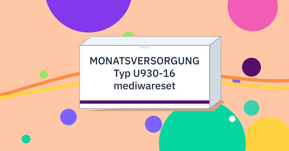 Symbolbild: Packung mit der Aufschrift MONATSVERSORGUNG Typ U930-16 mediwareset (PZN 19555924) – Verfügbarkeit und Bezug in Apotheken in Frankfurt am Main