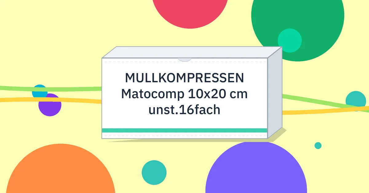 Symbolbild: Packung mit der Aufschrift MULLKOMPRESSEN Matocomp 10x20 cm unst.16fach (PZN 03377811) – Verfügbarkeit und Bezug in Apotheken in Frankfurt am Main