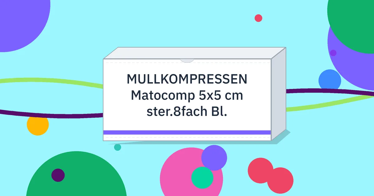 Symbolbild: Packung mit der Aufschrift MULLKOMPRESSEN Matocomp 5x5 cm ster.8fach Bl. (PZN 03377828) – Verfügbarkeit und Bezug in Apotheken in Frankfurt am Main