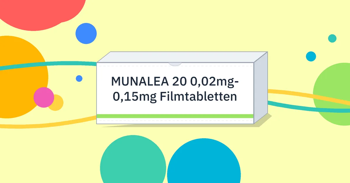 Symbolbild: Packung mit der Aufschrift MUNALEA 20 0,02mg-0,15mg Filmtabletten (PZN 07211450) – Verfügbarkeit und Bezug in Apotheken in Frankfurt am Main