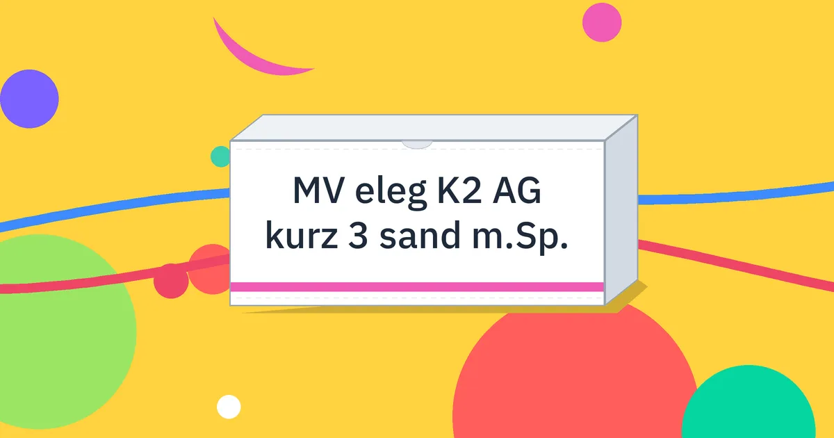 Symbolbild: Packung mit der Aufschrift MV eleg K2 AG kurz 3 sand m.Sp. (PZN 18924897) – Verfügbarkeit und Bezug in Apotheken in Frankfurt am Main