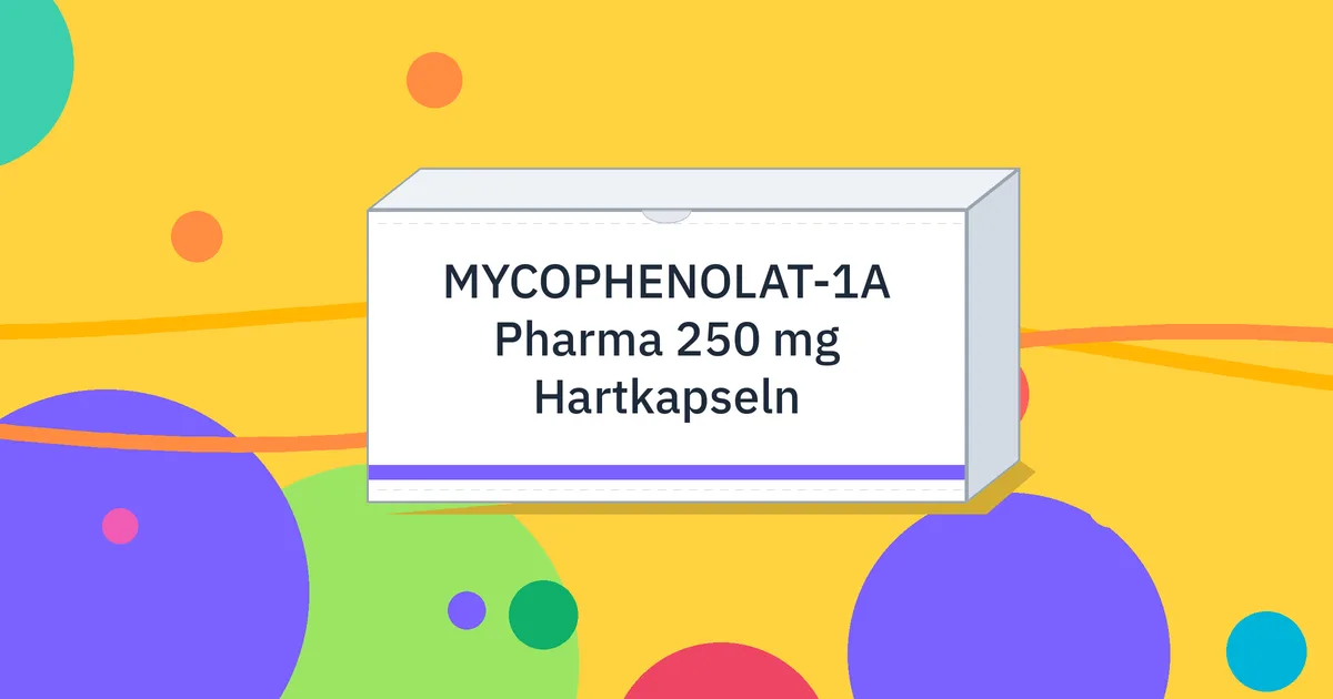 Symbolbild: Packung mit der Aufschrift MYCOPHENOLAT-1A Pharma 250 mg Hartkapseln (PZN 06810326) – Verfügbarkeit und Bezug in Apotheken in Frankfurt am Main