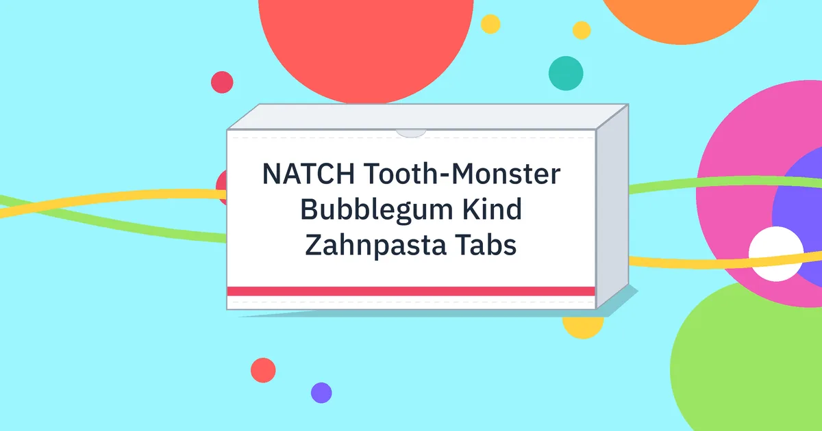 Symbolbild: Packung mit der Aufschrift NATCH Tooth-Monster Bubblegum Kind Zahnpasta Tabs (PZN 20206985) – Verfügbarkeit und Bezug in Apotheken in Frankfurt am Main
