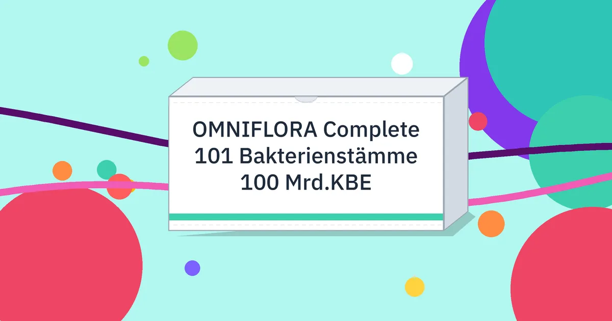 Symbolbild: Packung mit der Aufschrift OMNIFLORA Complete 101 Bakterienstämme 100 Mrd.KBE (PZN 20187779) – Verfügbarkeit und Bezug in Apotheken in Frankfurt am Main