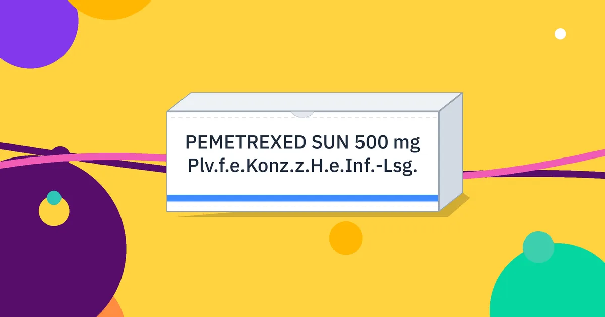 Symbolbild: Packung mit der Aufschrift PEMETREXED SUN 500 mg Plv.f.e.Konz.z.H.e.Inf.-Lsg. (PZN 11664252) – Verfügbarkeit und Bezug in Apotheken in Frankfurt am Main