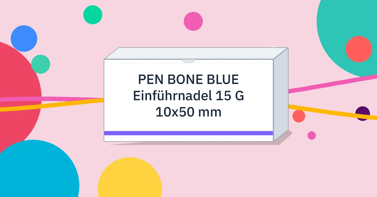 Symbolbild: Packung mit der Aufschrift PEN BONE BLUE Einführnadel 15 G 10x50 mm (PZN 16919811) – Verfügbarkeit und Bezug in Apotheken in Frankfurt am Main