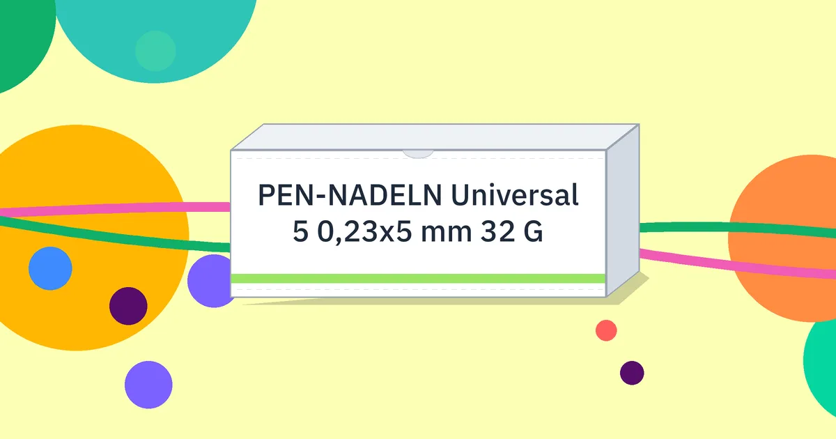 Symbolbild: Packung mit der Aufschrift PEN-NADELN Universal 5 0,23x5 mm 32 G (PZN 10521355) – Verfügbarkeit und Bezug in Apotheken in Frankfurt am Main