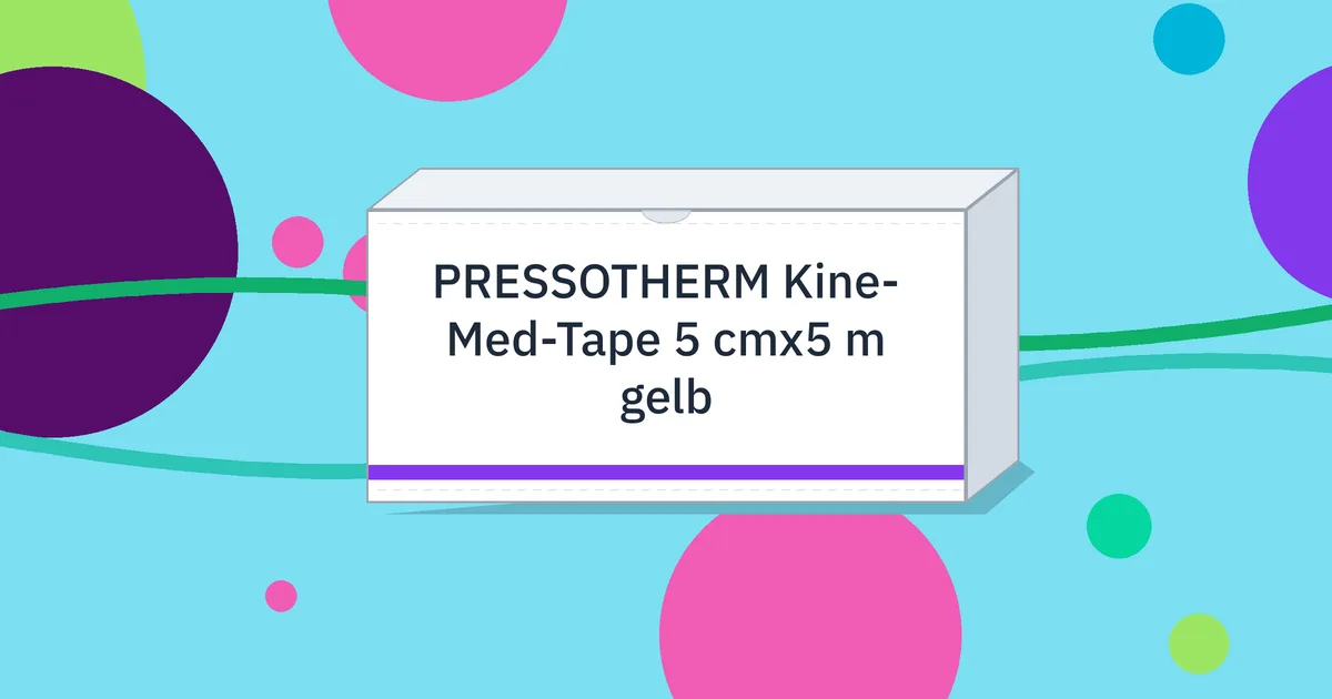 Symbolbild: Packung mit der Aufschrift PRESSOTHERM Kine-Med-Tape 5 cmx5 m gelb (PZN 06332654) – Verfügbarkeit und Bezug in Apotheken in Frankfurt am Main