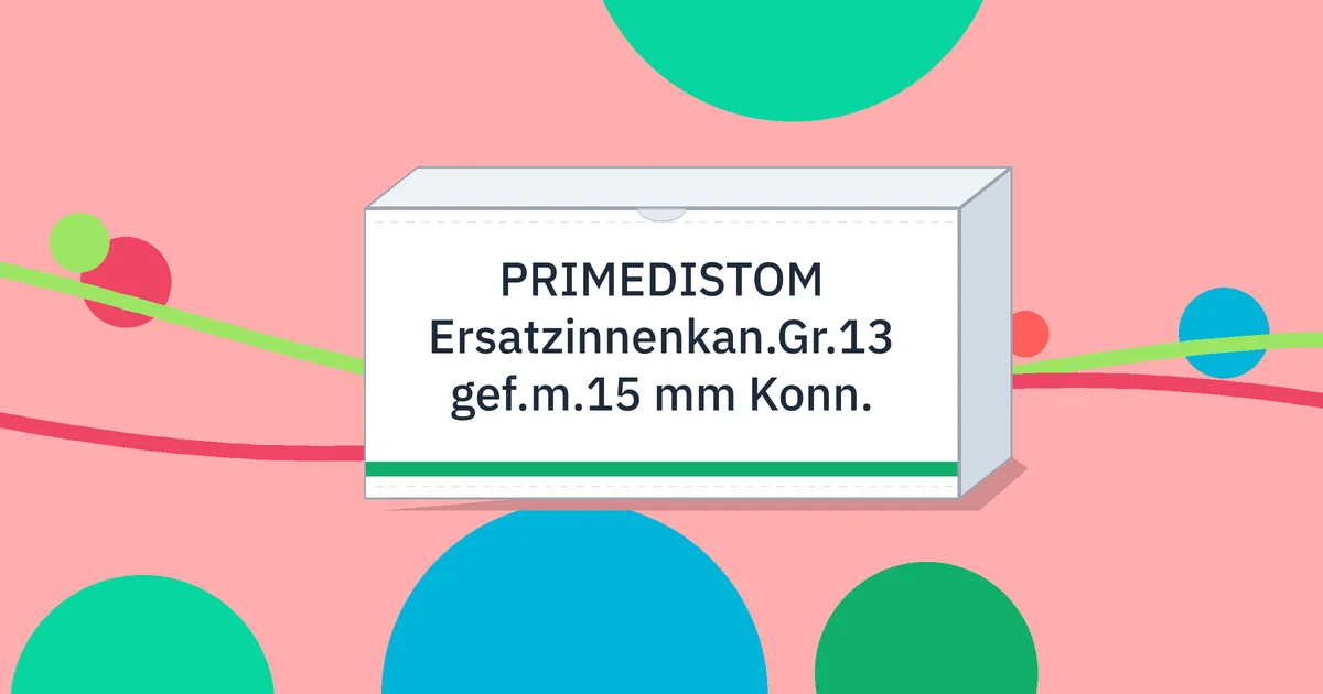 Symbolbild: Packung mit der Aufschrift PRIMEDISTOM Ersatzinnenkan.Gr.13 gef.m.15 mm Konn. (PZN 10257680) – Verfügbarkeit und Bezug in Apotheken in Frankfurt am Main