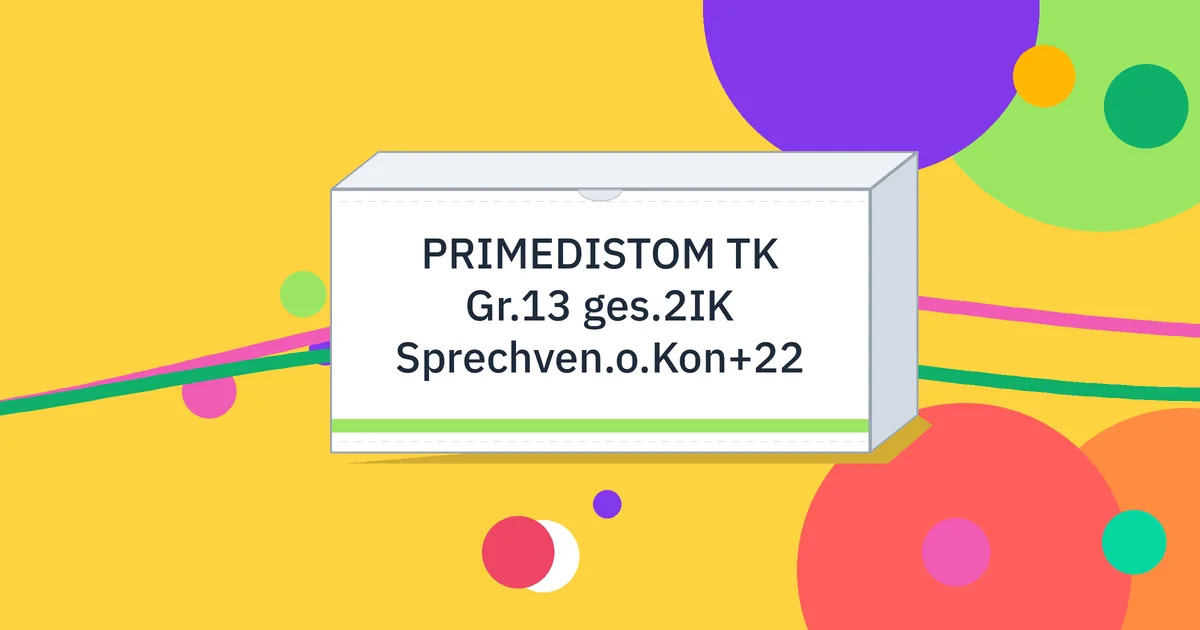 Symbolbild: Packung mit der Aufschrift PRIMEDISTOM TK Gr.13 ges.2IK Sprechven.o.Kon+22 (PZN 10209356) – Verfügbarkeit und Bezug in Apotheken in Frankfurt am Main