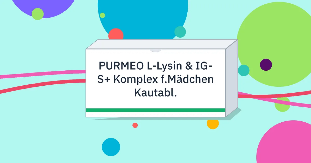 Symbolbild: Packung mit der Aufschrift PURMEO L-Lysin & IG-S+ Komplex f.Mädchen Kautabl. (PZN 20286487) – Verfügbarkeit und Bezug in Apotheken in Frankfurt am Main