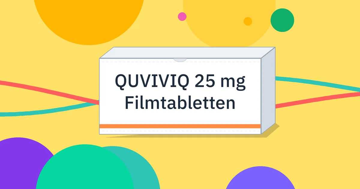 Symbolbild: Packung mit der Aufschrift QUVIVIQ 25 mg Filmtabletten (PZN 18758163) – Verfügbarkeit und Bezug in Apotheken in Frankfurt am Main