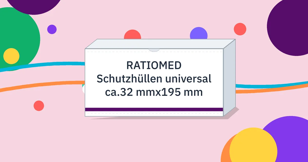 Symbolbild: Packung mit der Aufschrift RATIOMED Schutzhüllen universal ca.32 mmx195 mm (PZN 18202543) – Verfügbarkeit und Bezug in Apotheken in Frankfurt am Main