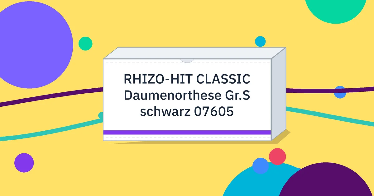 Symbolbild: Packung mit der Aufschrift RHIZO-HIT CLASSIC Daumenorthese Gr.S schwarz 07605 (PZN 02461834) – Verfügbarkeit und Bezug in Apotheken in Frankfurt am Main