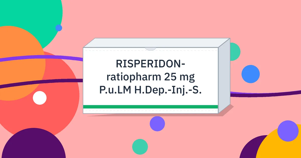 Symbolbild: Packung mit der Aufschrift RISPERIDON-ratiopharm 25 mg P.u.LM H.Dep.-Inj.-S. (PZN 20574861) – Verfügbarkeit und Bezug in Apotheken in Frankfurt am Main