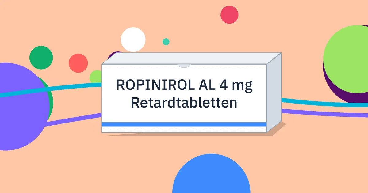 Symbolbild: Packung mit der Aufschrift ROPINIROL AL 4 mg Retardtabletten (PZN 09736955) – Verfügbarkeit und Bezug in Apotheken in Frankfurt am Main