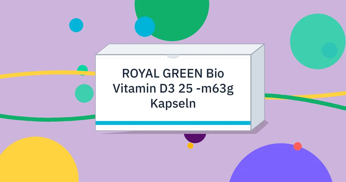 Symbolbild: Packung mit der Aufschrift ROYAL GREEN Bio Vitamin D3 25 -m63g Kapseln (PZN 20175747) – Verfügbarkeit und Bezug in Apotheken in Frankfurt am Main