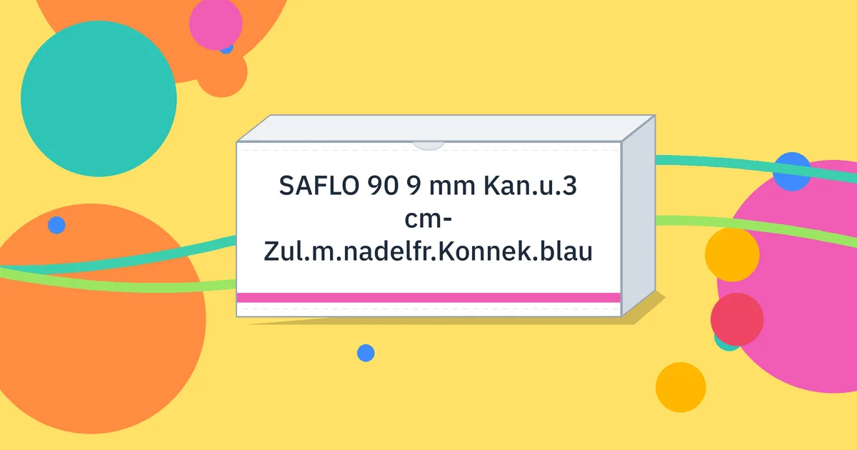 Symbolbild: Packung mit der Aufschrift SAFLO 90 9 mm Kan.u.3 cm-Zul.m.nadelfr.Konnek.blau (PZN 13866497) – Verfügbarkeit und Bezug in Apotheken in Frankfurt am Main